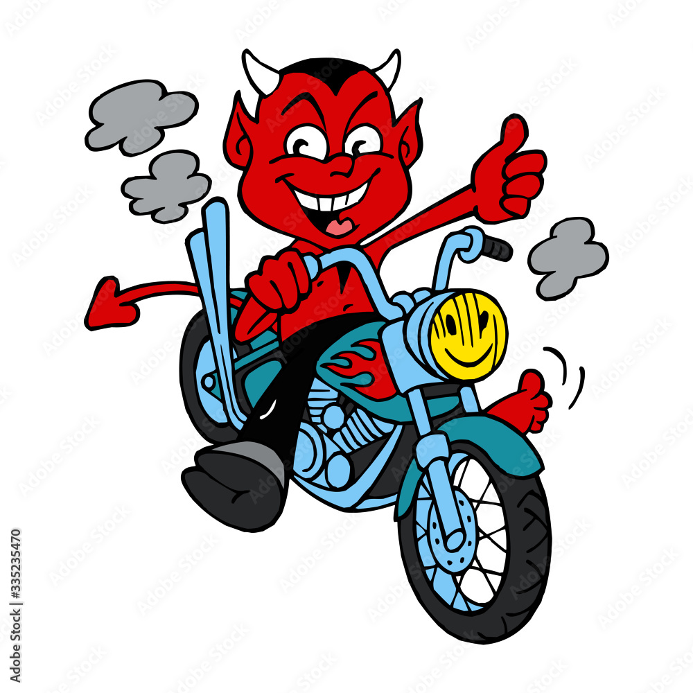 Devil biker rides on chopper with flames and shows thumb up, color ...