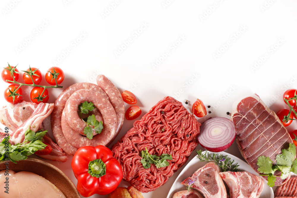 assorted of raw meats- minced beef, beef, chicken, lamb chop, roast ...