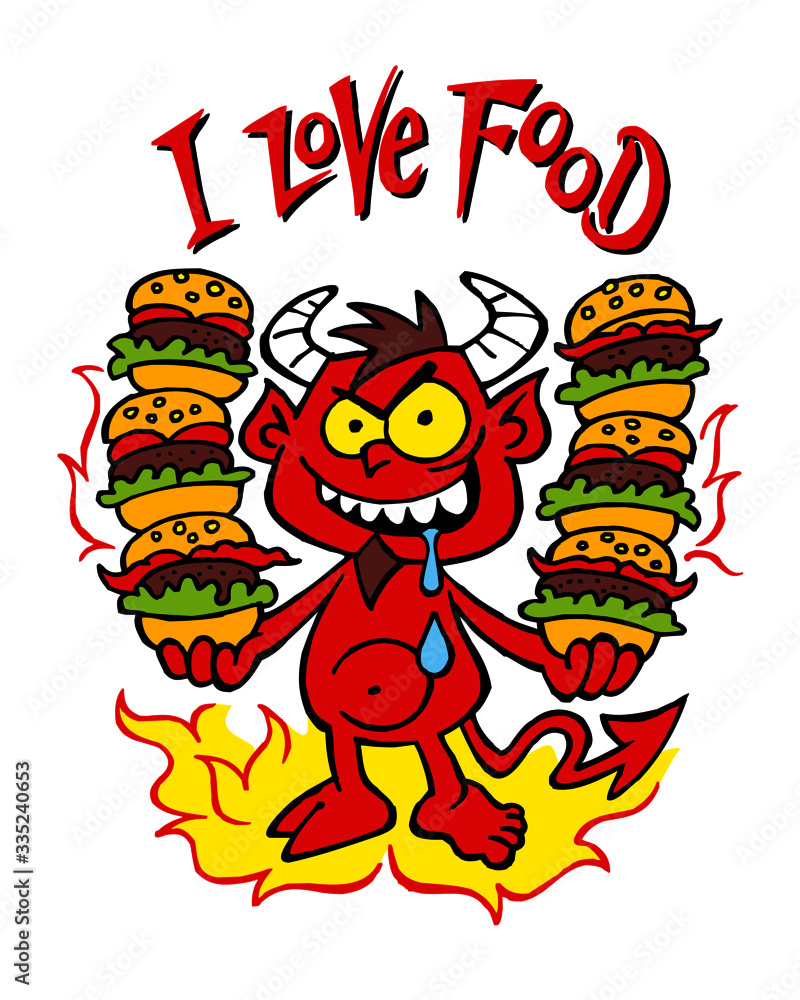 Devil gourmet and eater with hands full of hamburgers and saliva on his ...