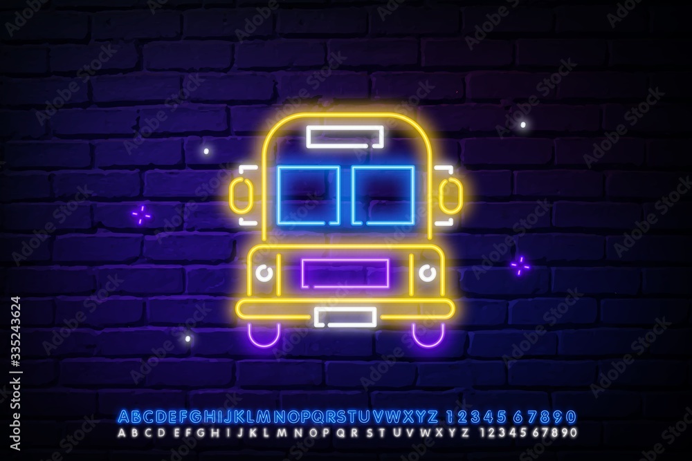 School bus neon sign. Modern orange school bus with headlights. Night ...