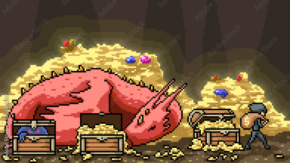 vector pixel art scene dragon treasure Stock Vector | Adobe Stock