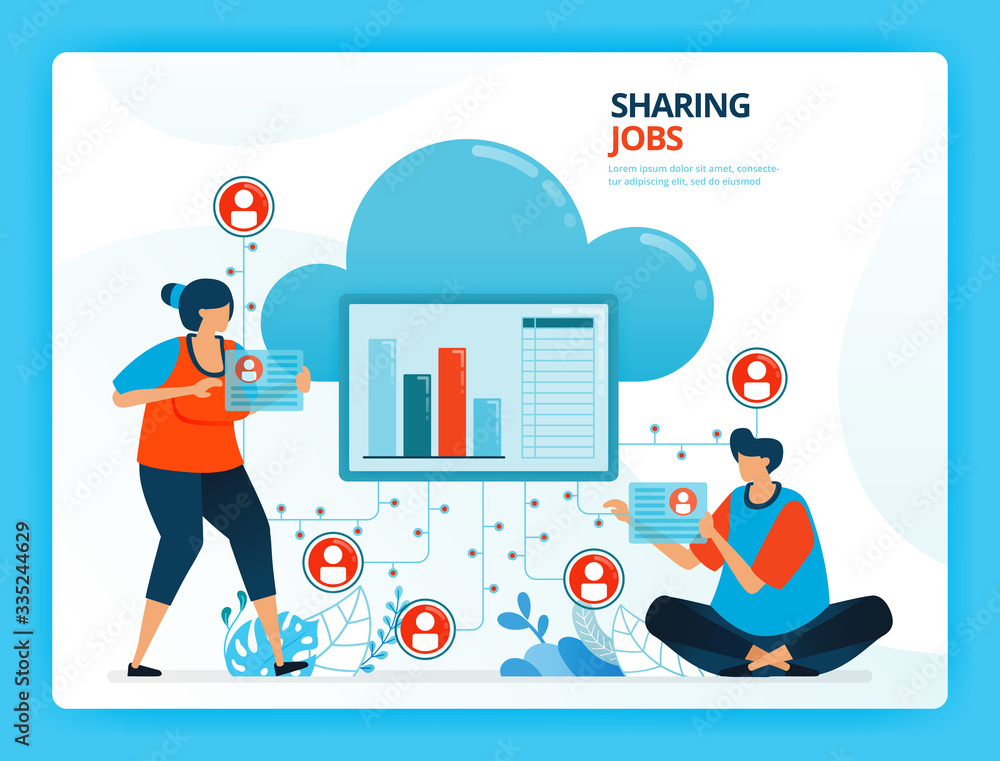 Vector illustration for jobs sharing and cloud network service. Human ...