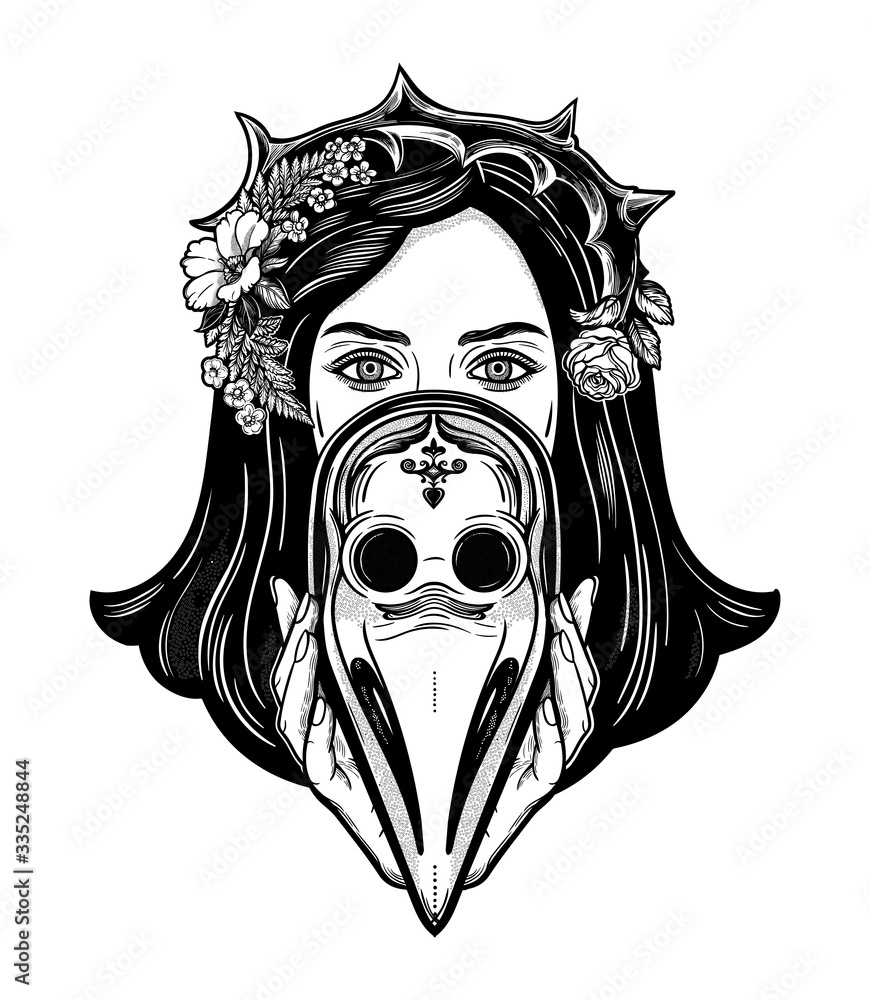 Beautiful woman in a crown of thorns, holding a plague doctor mask -medieval gothic tattoo style ...