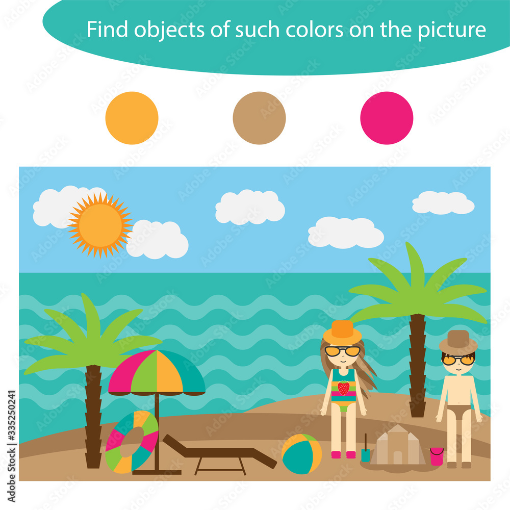 Find objects of same colors, summer game for children in cartoon style ...