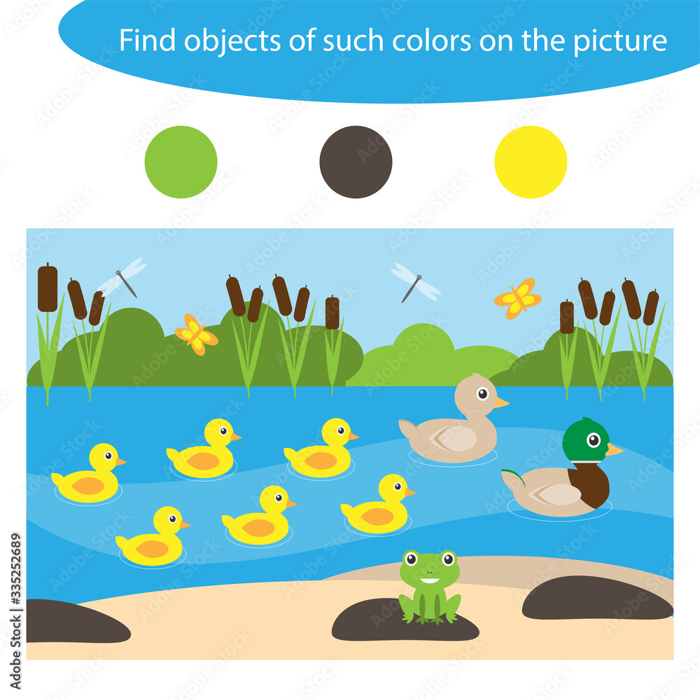 Find objects of same colors, pond life, game for children in cartoon ...