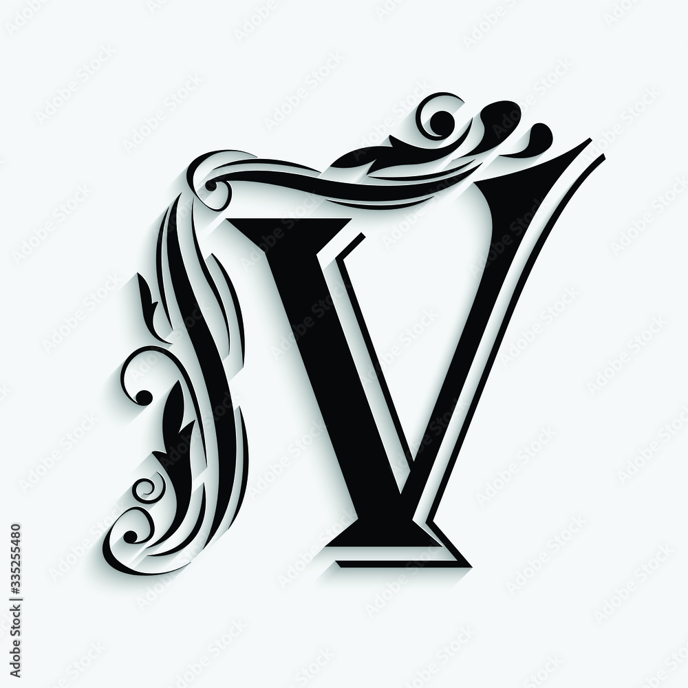 letter V. Black flower alphabet. Beautiful capital letter with shadow ...