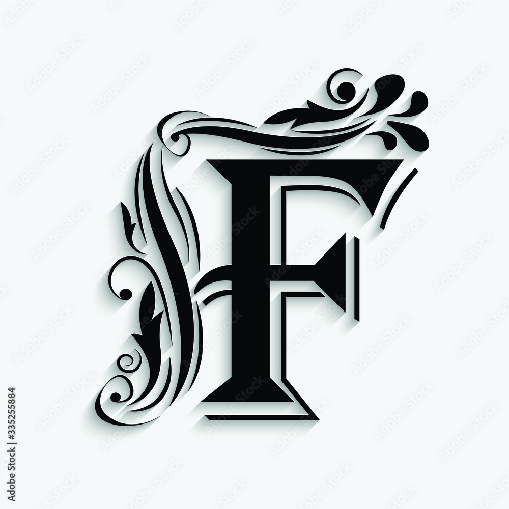 letter F. Black flower alphabet. Beautiful capital letter with shadow ...