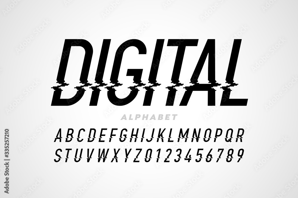 Digital distortion style font, capital letters and numbers Stock Vector ...