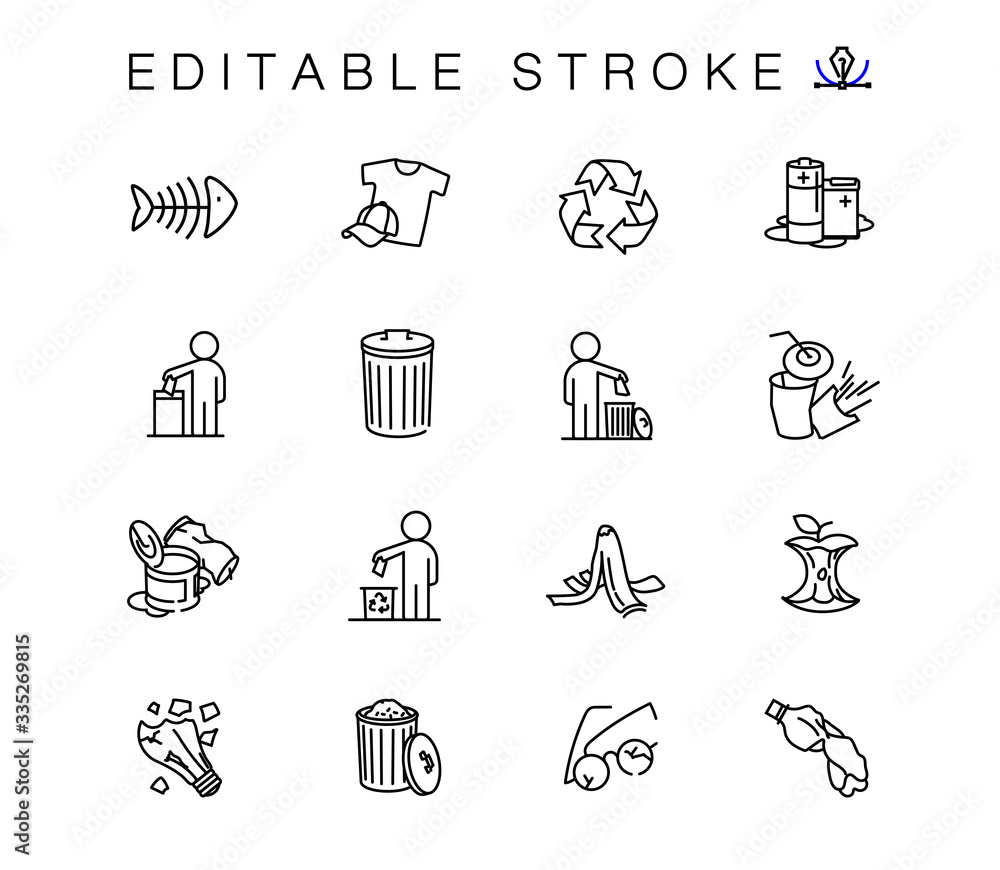 Environmental pollution vector linear icons set. Elements garbage ...