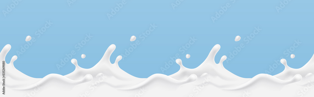 Milk splash seamless pattern. 3d realistic yogurt wave border on blue ...