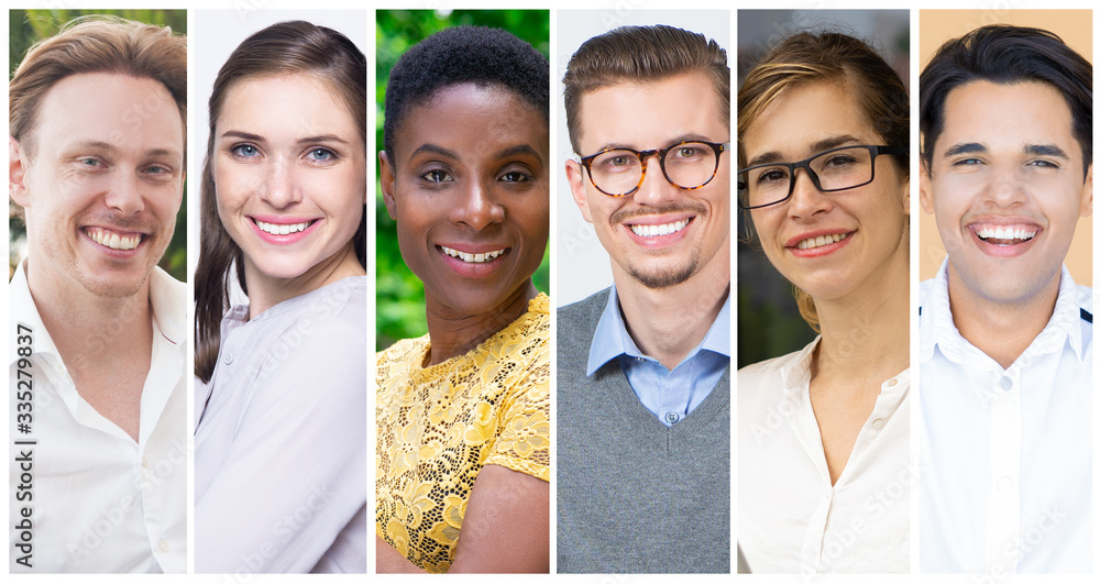Cheerful diverse business team members portrait set. Positive happy ...
