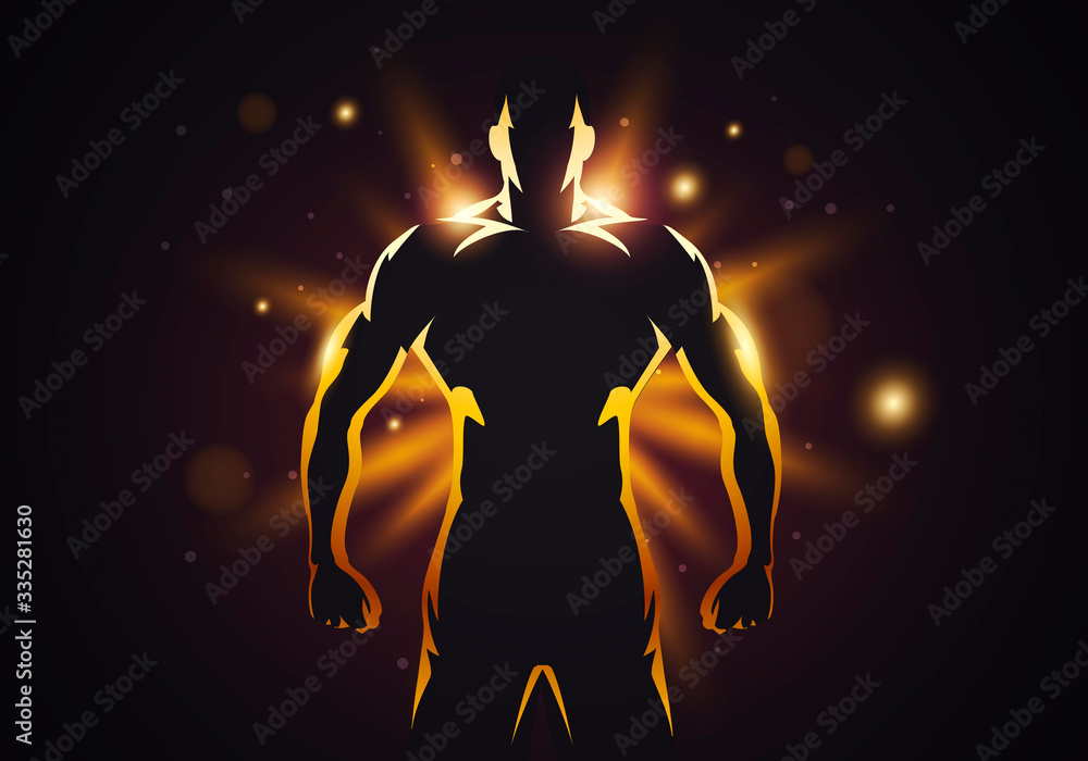 Vector Illustration Silhouette Of Strong Man With Muscles On Golden ...