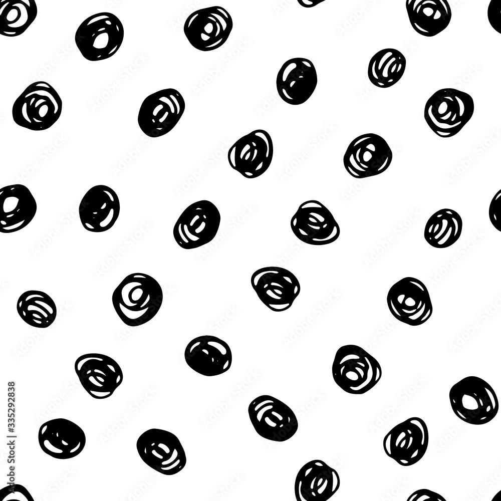 Seamless polka dot pattern. Black outline messy hand-drawn circles ...