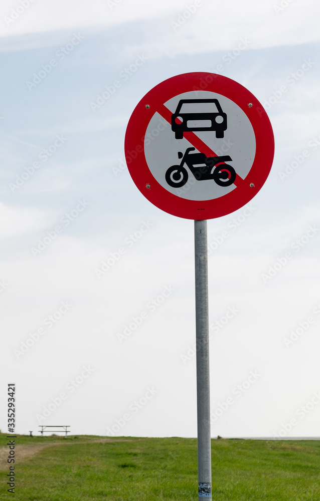 Traffic signs forbidden passage for cars and motorcycles on the edge of ...