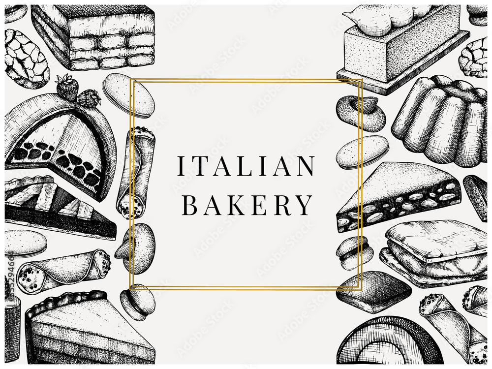 Italian desserts, pastries, cookies menu. With hand drawn baking sketch ...