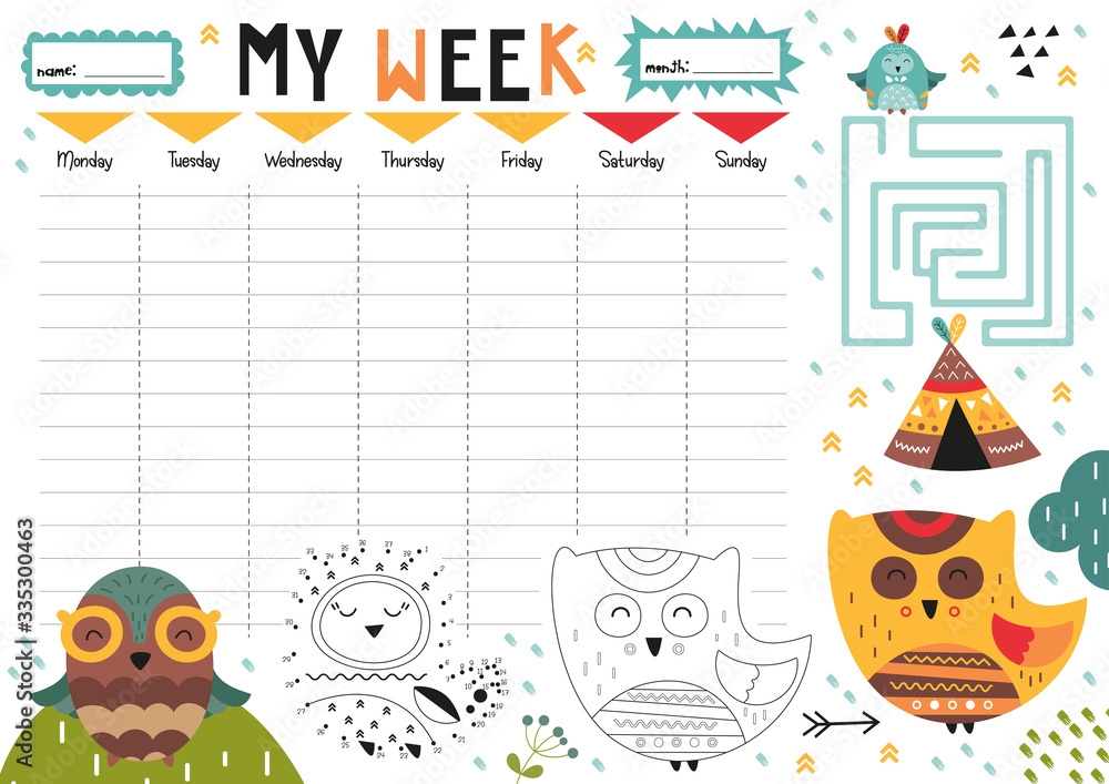Vetor do Stock: Weekly planner with cute owls in doodle cartoon style ...