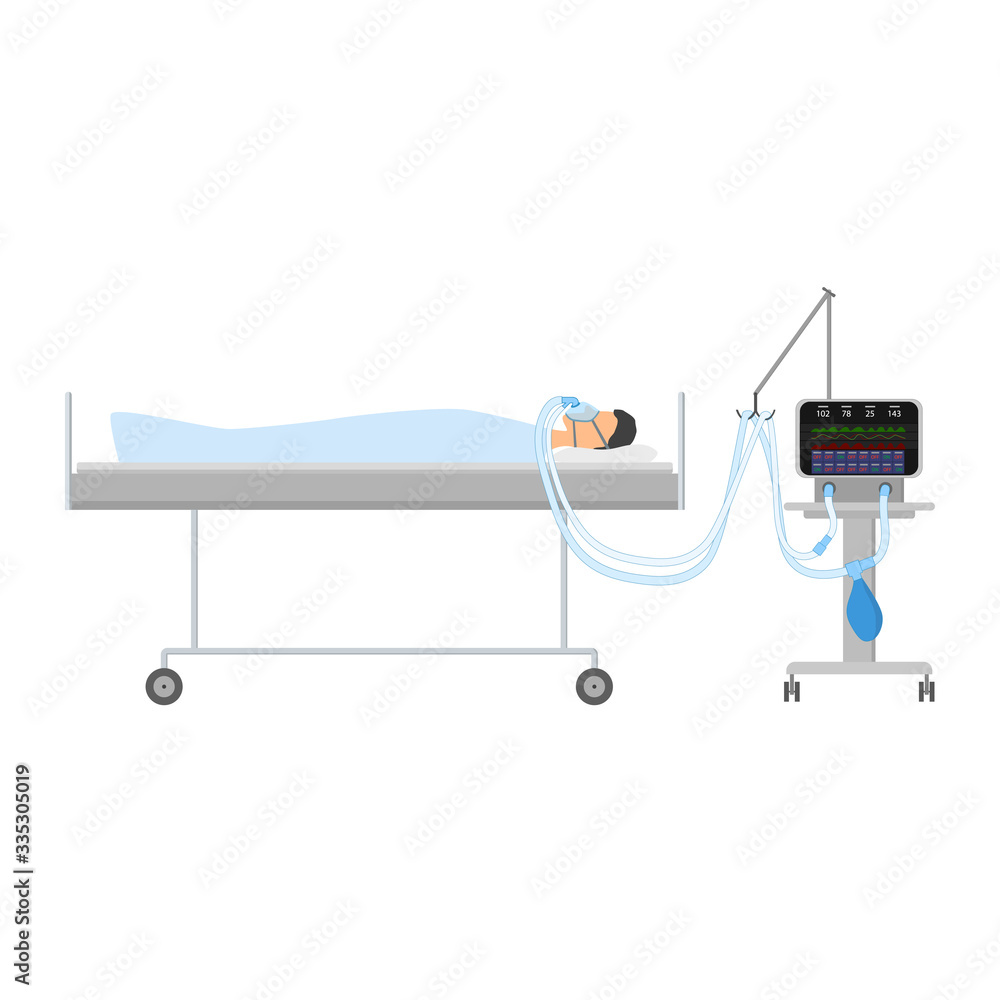 A man lying on the bed with CPAP. The device for artificial ventilation ...