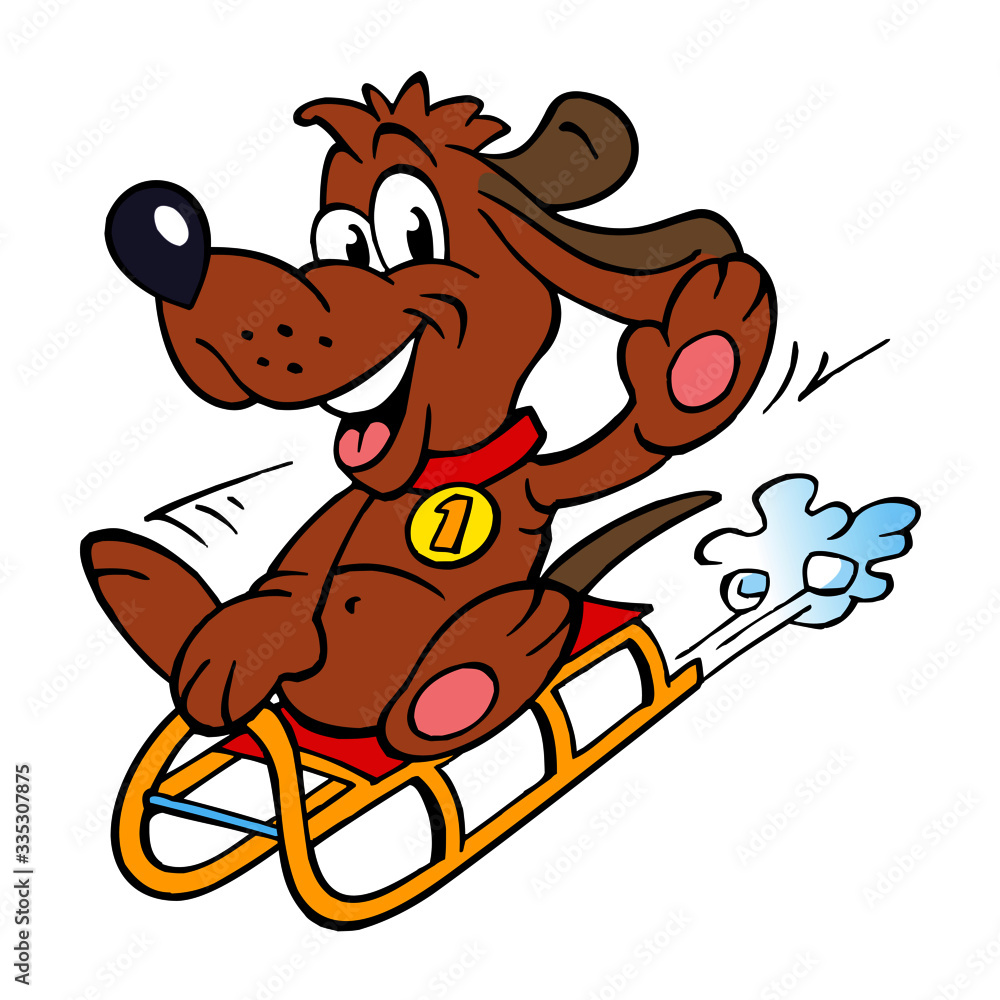 Dog with gold medal on his neck rides on a sled and waving for greeting ...