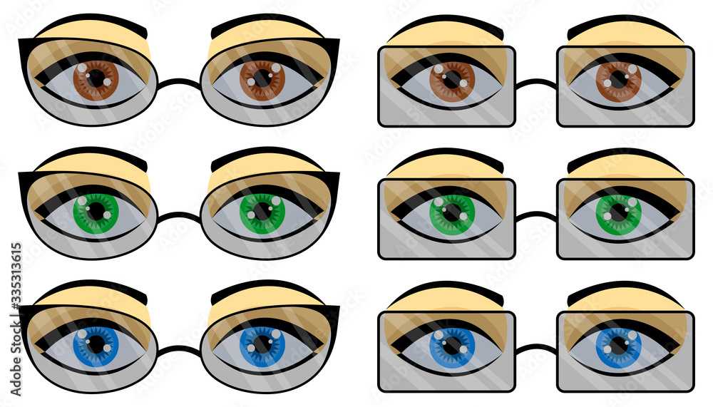 Set Of Six Pairs Of Beautiful Female Blue Green Brown Eyes In Black Dark Tinted Glasses With