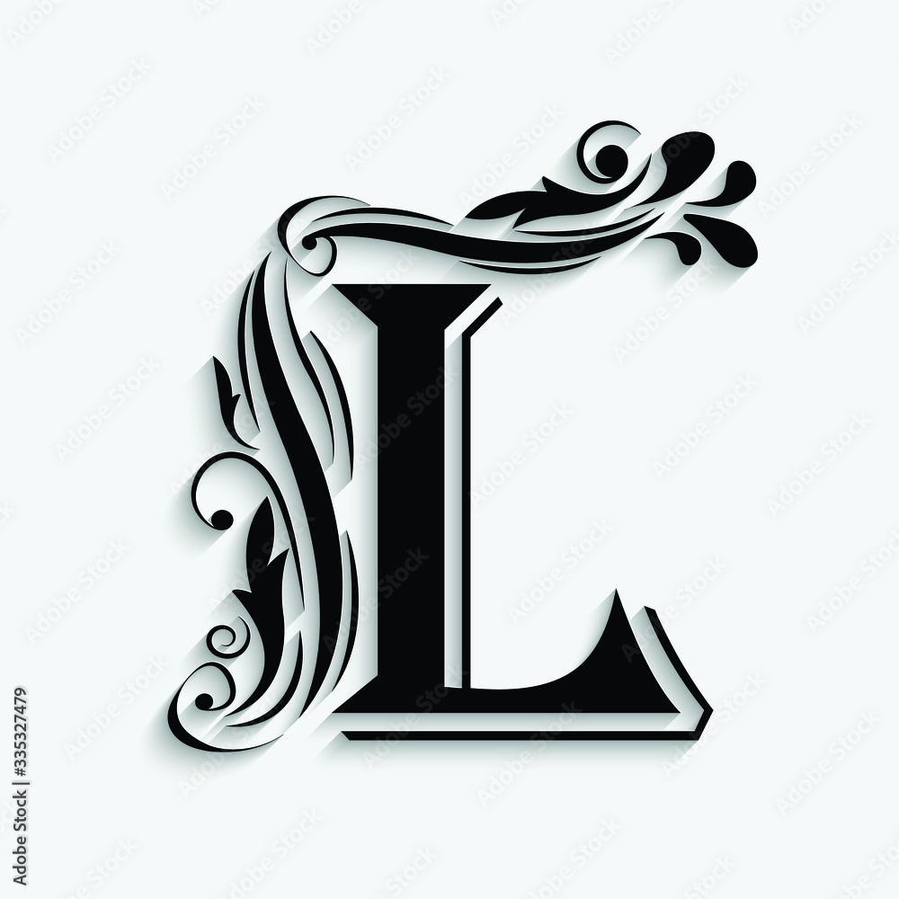 letter L. Black flower alphabet. Beautiful capital letter with shadow ...