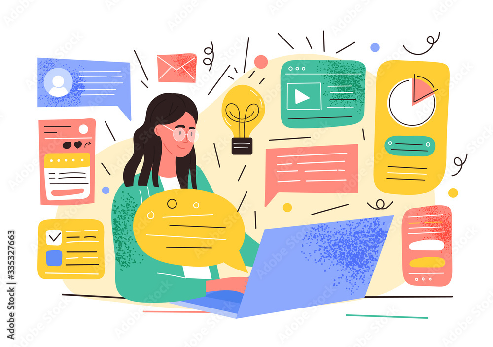 Illustration of woman on laptop in internet browsing concept with ...