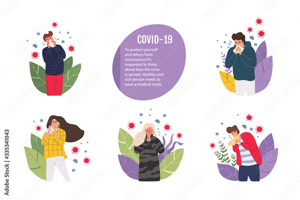 People coughing in arm, tissue. Virus germs spread in the air. Person ...