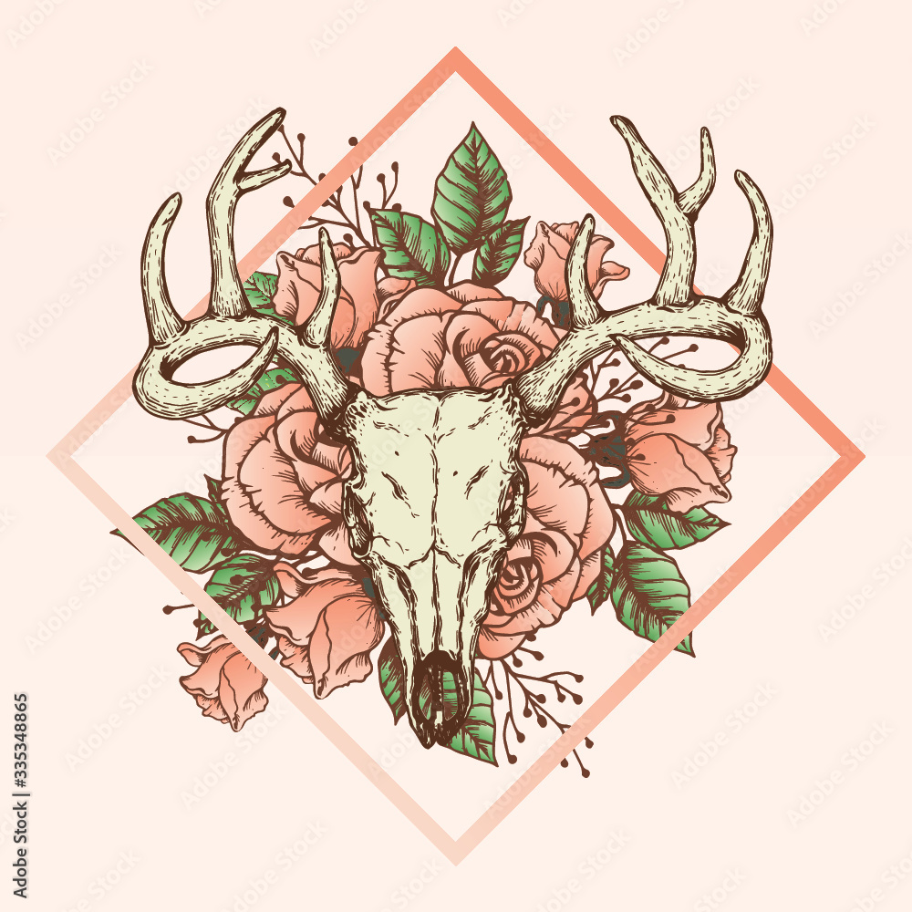 vector illustration of a deer skull with rose Stock Vector | Adobe Stock
