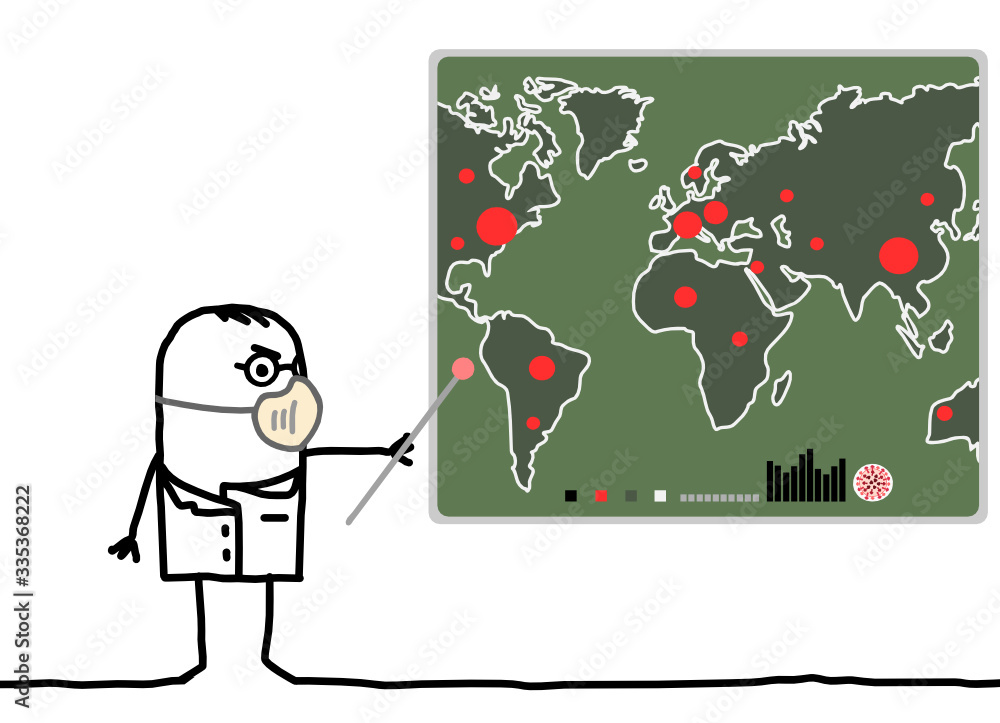 Cartoon man with mask showing a world map with viral epidemic points ...