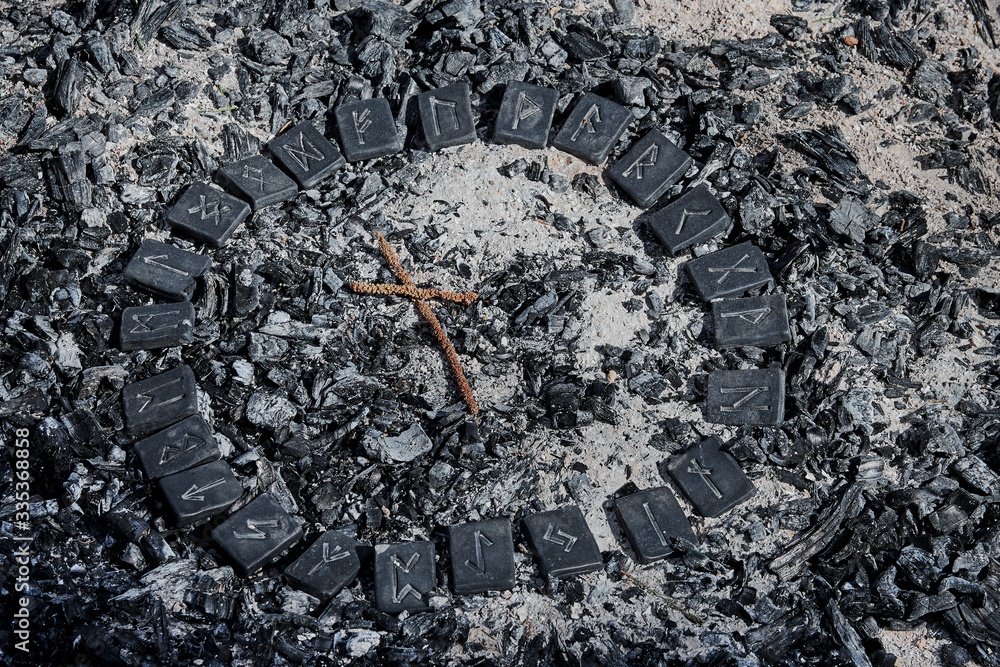 Norse rune Nautiz on ashes backgorund inside the circle of 24 Norse ...