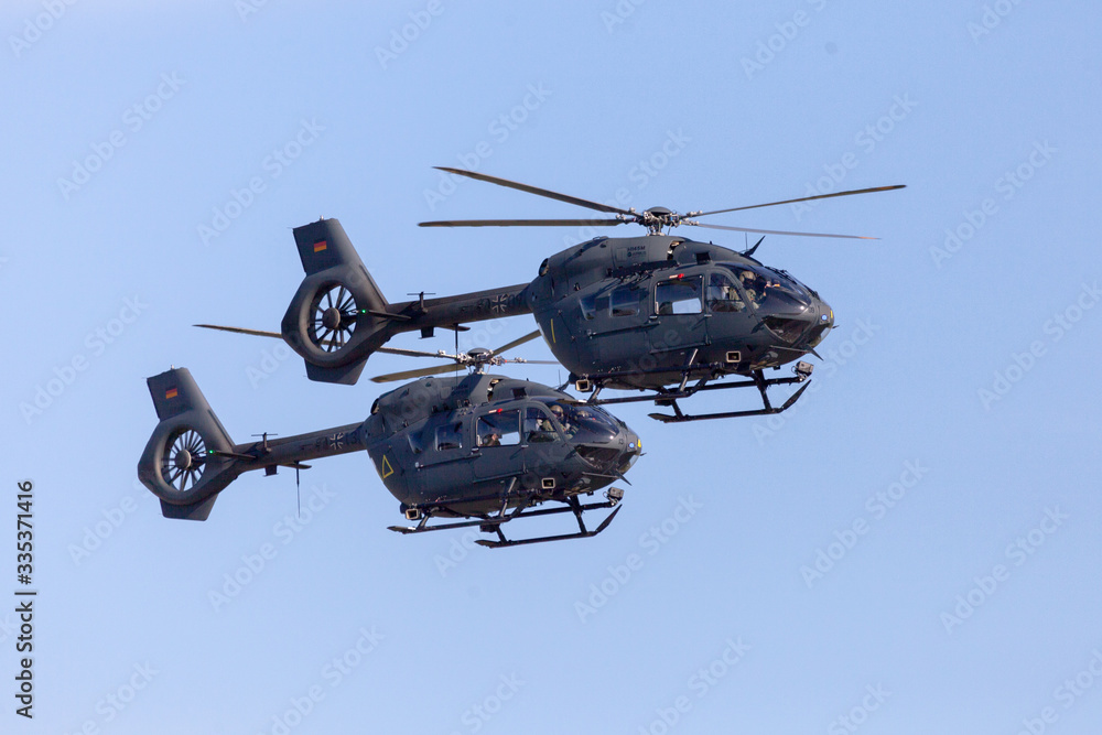 BERLIN / GERMANY - APRIL 28, 2018: German military H145M from Airbus flies at airfield ...