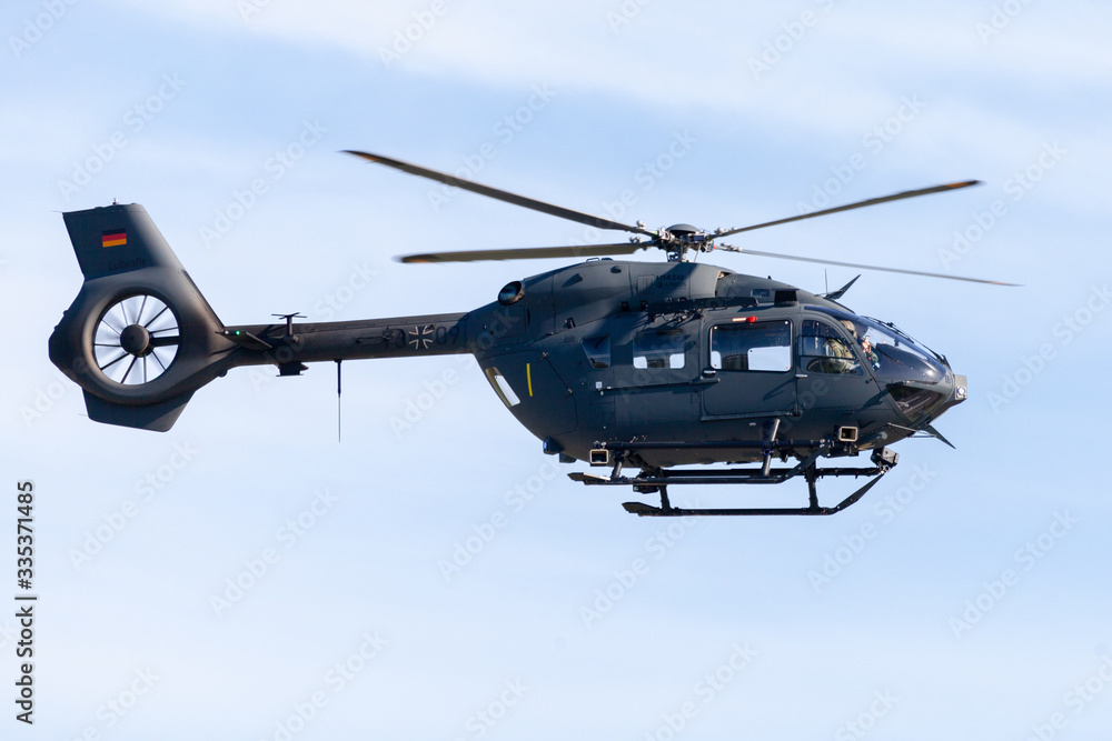 BERLIN / GERMANY - APRIL 28, 2018: German military H145M from Airbus flies at airfield ...