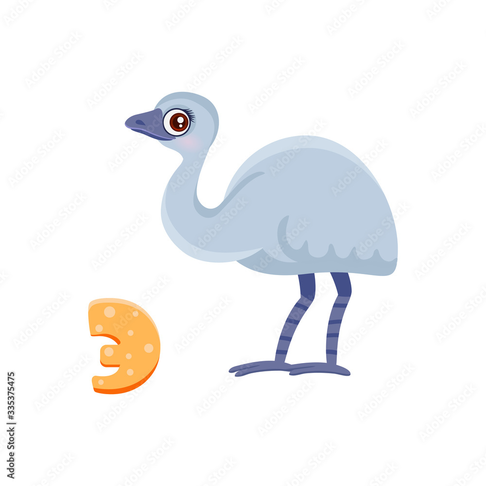 Yellow letter of the Russian alphabet and funny cartoon emu on a white ...