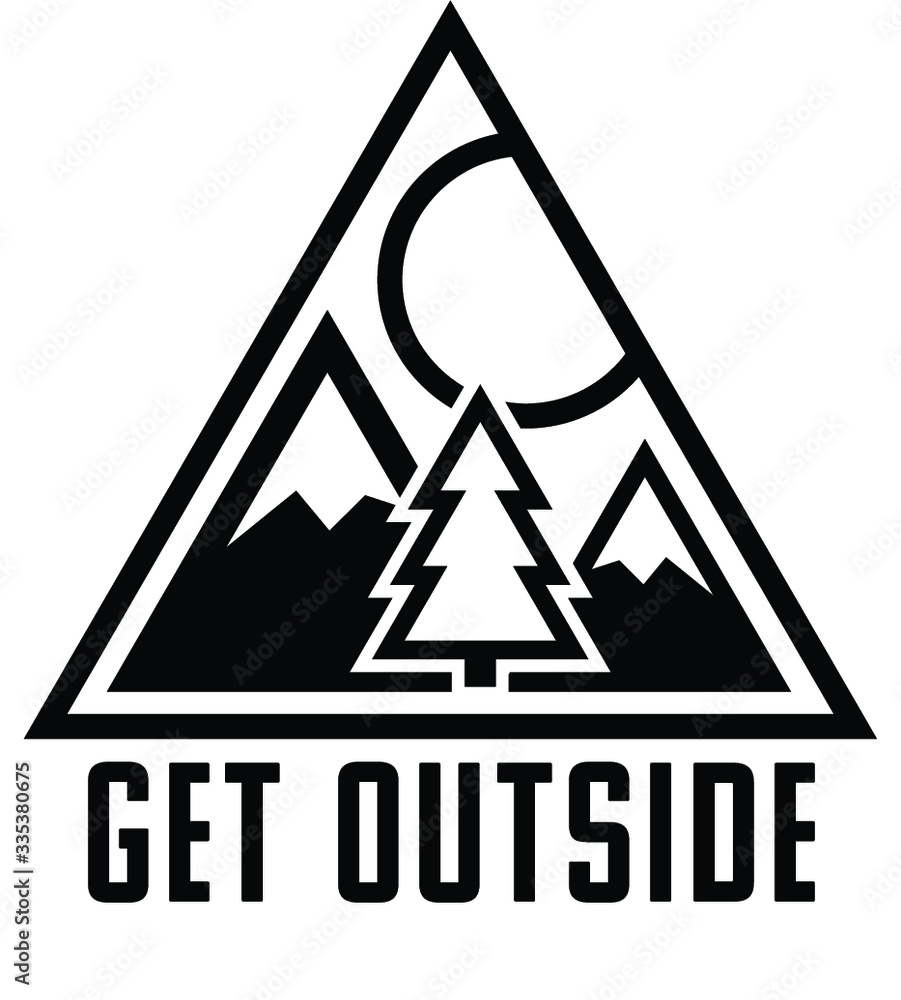 Get Outside Mountain Logo with Trees, Sun and Mountains Stock Vector ...