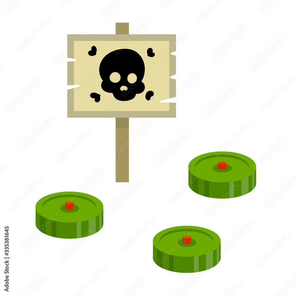 Minefield. Green mines. Danger warning sign with skull. Hostility ...