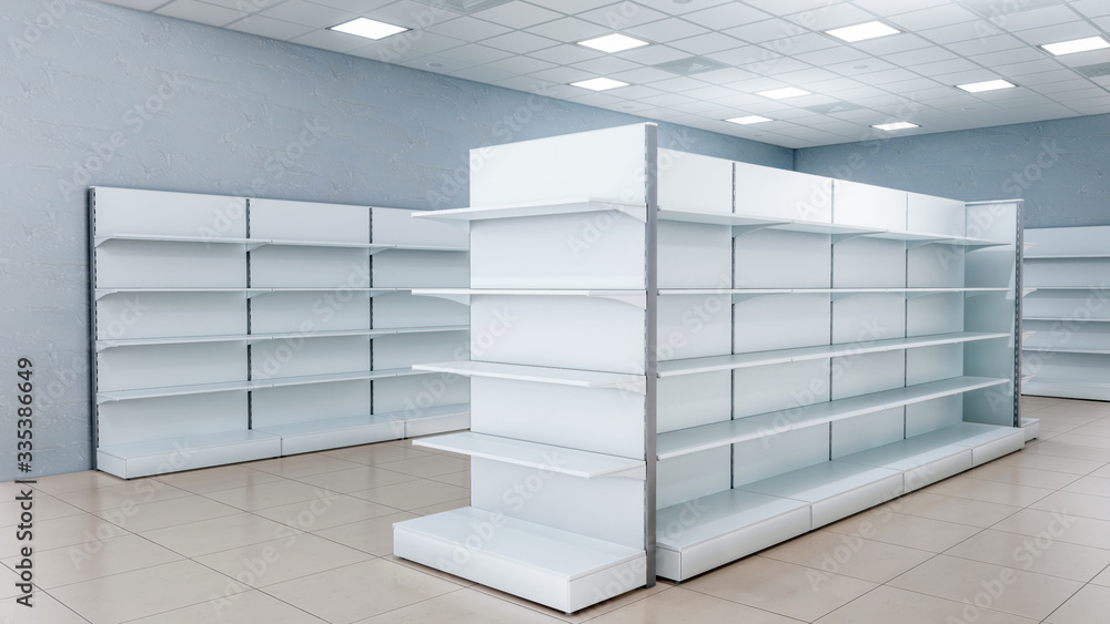 3D image front side view of grocery shelves with front and end shelves ...