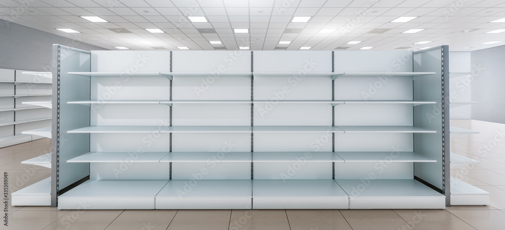 3D image side view of four grocery shelves staying in a row with front ...