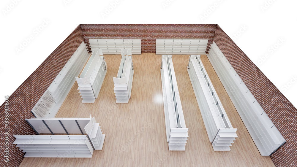 3D image top side view of grocery shelves in premium supermarket ...