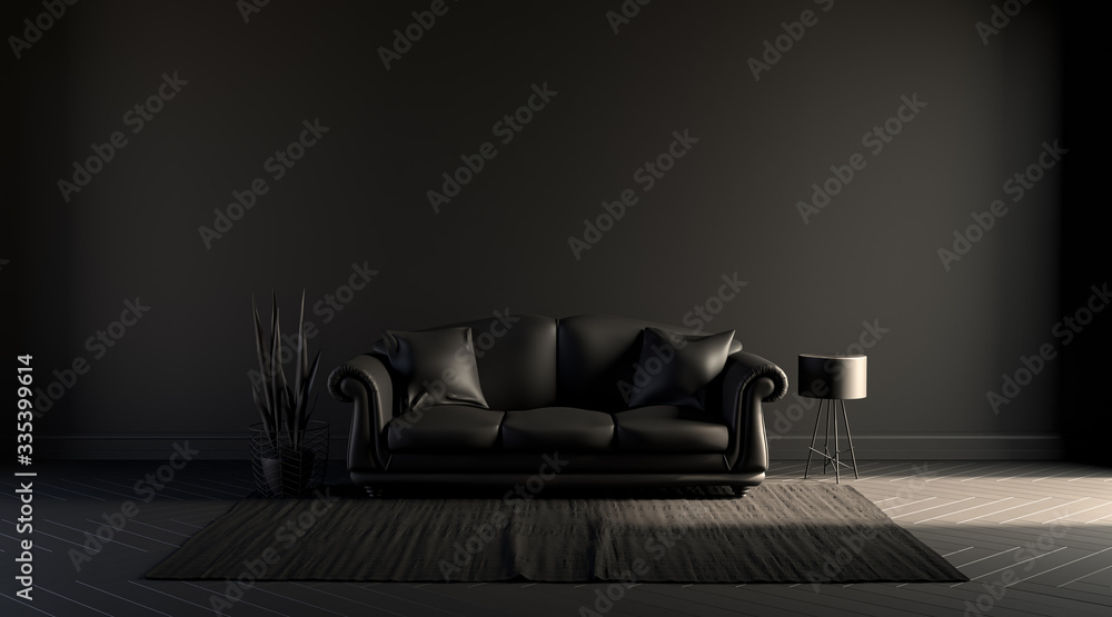 Dark room, poster background with empty wall, sofa, chair, plant ...