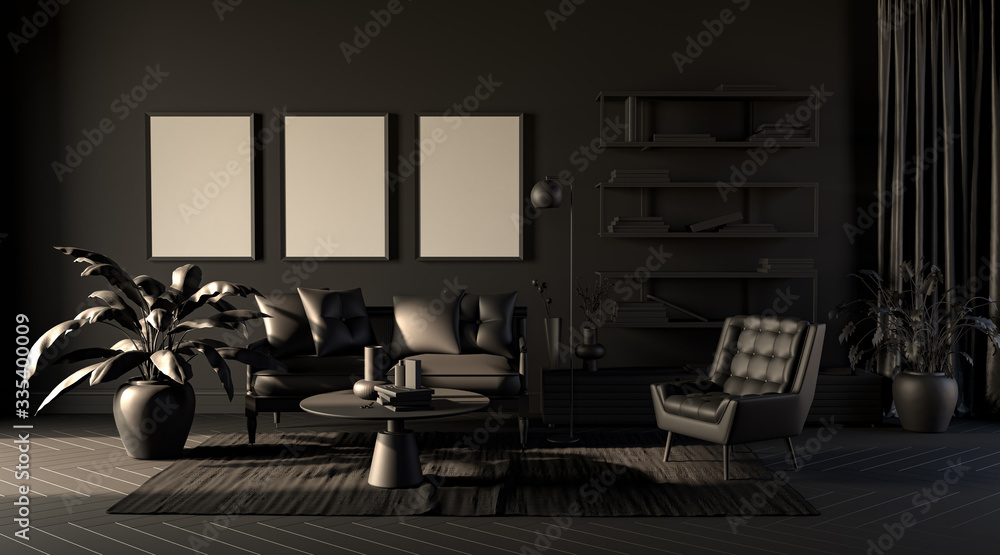 Gloomy room with picture frames in plain monochrome black color with ...