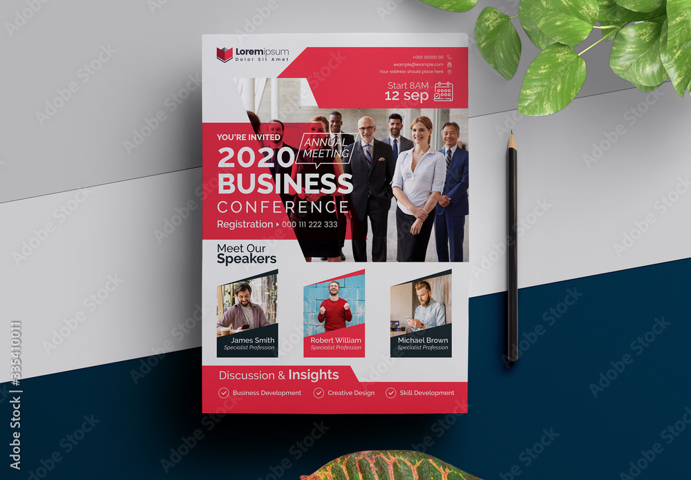 Event Conference Flyer Layout with Red Accents Stock Template | Adobe Stock
