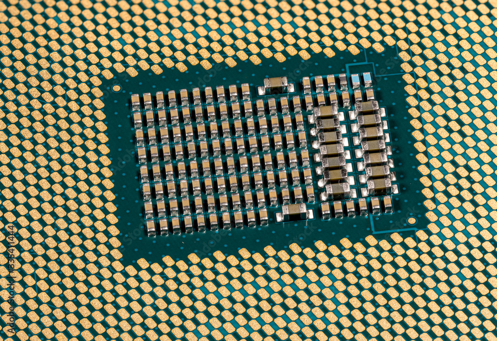 Macro photo of the center of the CPU chip ready for insertion into a ...