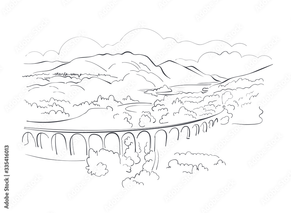Scotland Europe vector sketch landscape illustration line art Stock ...