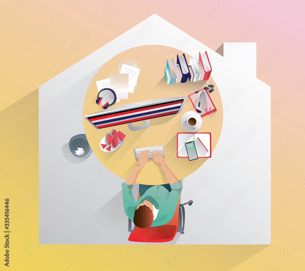 Work from home concept, top view, Young people, man freelancers working ...