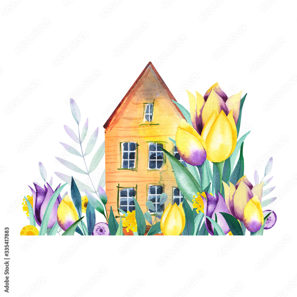 Watercolor house with tulip flowers. Cute cartoon watercolor country ...