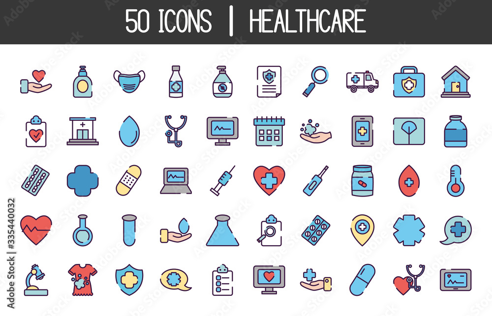 medical and healthcare icon set, line color style Stock Vector | Adobe ...