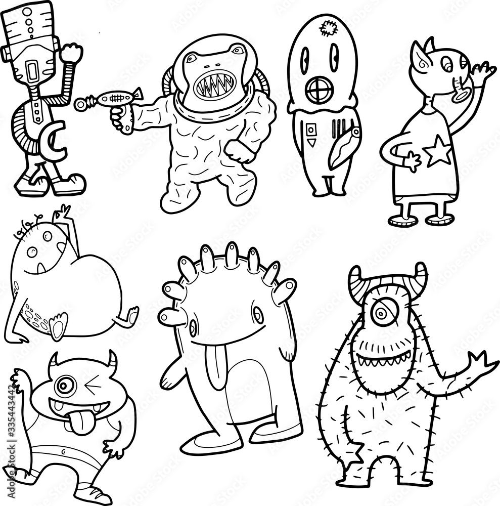 monsters, themes for coloring books Black and white background, vector ...