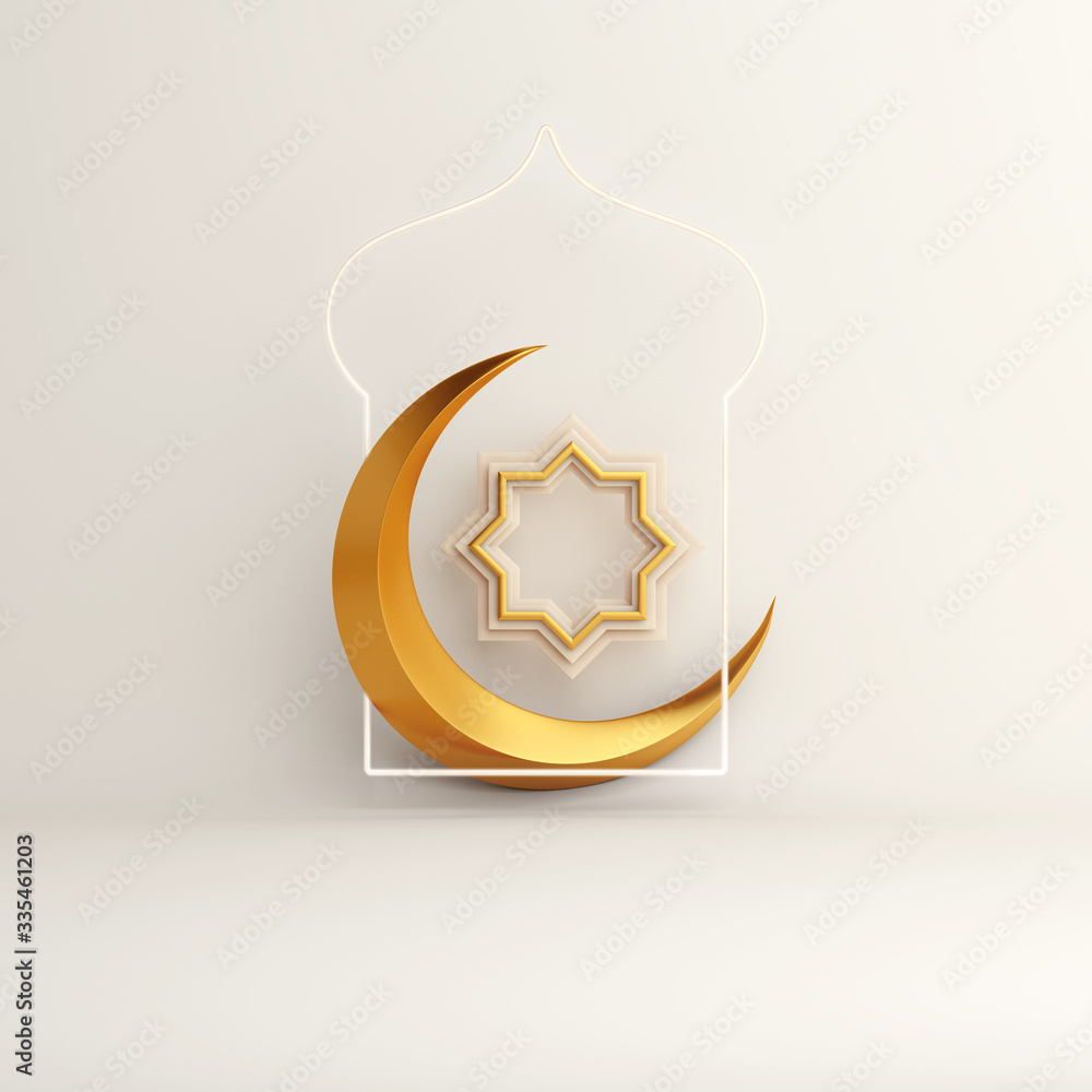 Arabic geometric star ornament, window, crescent on white background ...