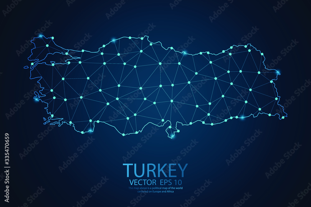 Abstract mash line and point scales on Dark background with map of ...