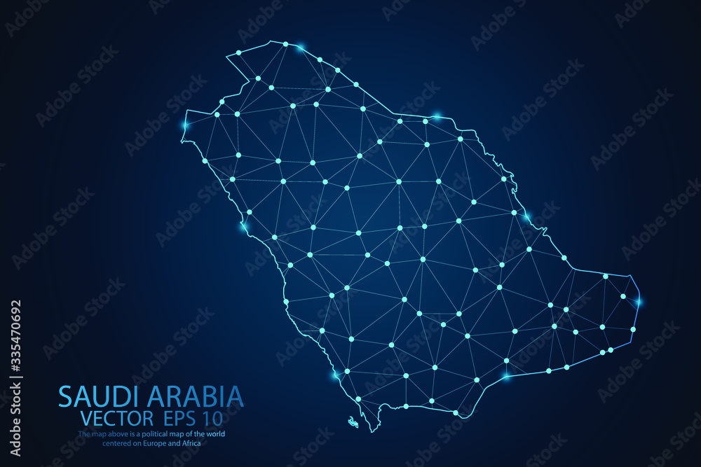 Abstract mash line and point scales on dark background with map of ...