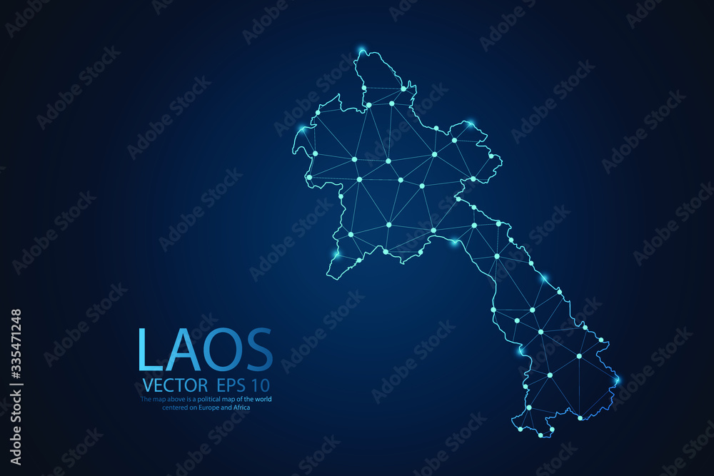 Abstract mash line and point scales on dark background with map of Laos ...